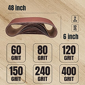 POWERTEC 6 x 48 Inch Sanding Belts, 2 Each of 60/80/ 120/150/240/400 Grits, 12PK,Aluminum Oxide Belt Sander Sanding Belt Assortment for Bench Belt Sander,Wood & Paint Sanding,Metal Polishing (110167)