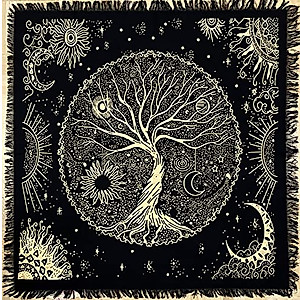 Indian Consigners Tree of Life Altar Cloth Tapestry Tablecloth Celtic Trees Ritual Spiritual Cloth for Sacred Places, Cotton Square Tarot Table Cover 18 by 18 Sacred Cloth