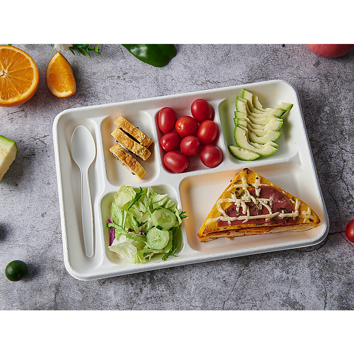 Vplus 100% Compostable 6 Compartment Plates, 90 Pack Compartment Paper Plate, 12.5x8.6 inch Disposable School Lunch Trays, Eco-Friendly Bagasse Plates for School Lunch, Buffet, and Party