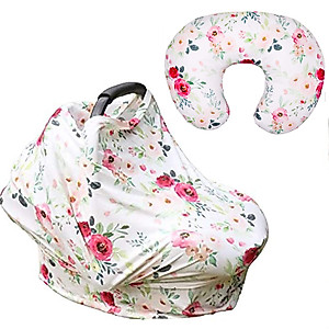 Floral Nursing Pillow Cover & Carseat Cover Set, Breastfeeding Pillow Slipcover & Car Seat Canopies for Baby Boys & Girls, Nursing Pillow Case & Stroller Covers for Newborn, Soft Fabric Fits Snug On I