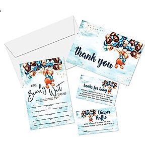 Baby Shower Invitation Set, Fill In Invites Cards, Books For Baby, Diaper Raffle, Thank You,Beasty Wait, Each Design 25 Cards & Envelopes (Total 100 Cards) – (bb009-taozhuang)