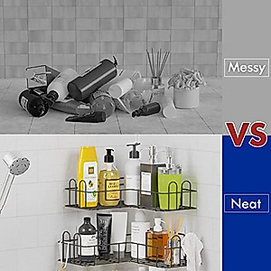 Corner Shower Caddy, 2 Pack Self Adhesive Bathroom Organizer with Inside Hooks, No Drilling Bathroom Storage Shelves, Wall Mounted Shampoo Holder Rack for RV Apartment