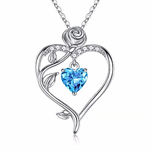 Iefil March Birthstone Necklace for Women, Blue Aquamarine Necklace Rose Love Heart Birthstone Jewelry Mothers Valentines Day Christmas Anniversary Birthday Gifts for Mom Wife Her