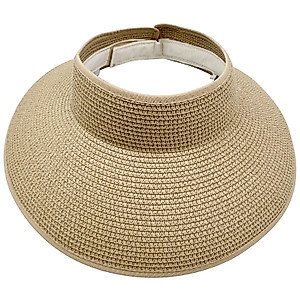 Women Sun Visors with Roll-Up Ponytail Packable Foldable Wide Brim Straw UV Protection Sun Beach Hats for Women Travel(Khaki)