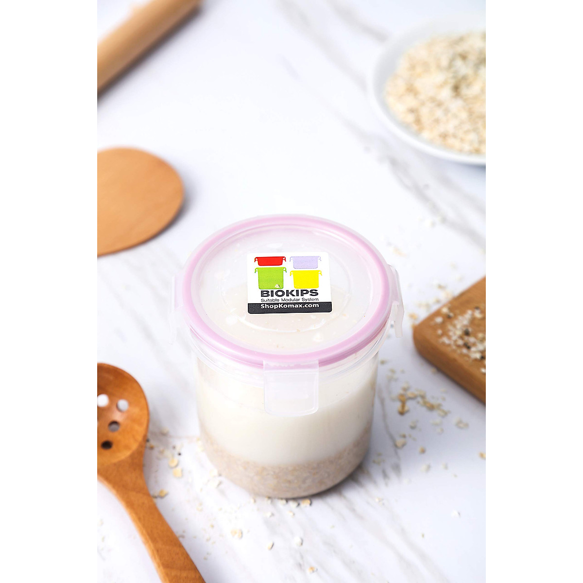 Komax Biokips Overnight Oats Containers with Lids Set of 4 – Round Airtight Food Storage Containers for Oatmeal, Cereal, Milk & More – BPA-Free Meal Prep Container Set w/Locking Lids (18.6 oz)