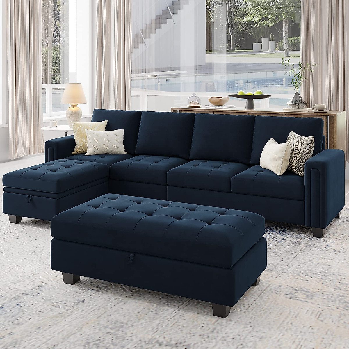 Belffin Velvet Convertible 4-Seat Sectional Sofa with Reversible Chaise L Shaped Sofa Couch Furniture Sets Sectional Couch with Storage Ottoman Blue