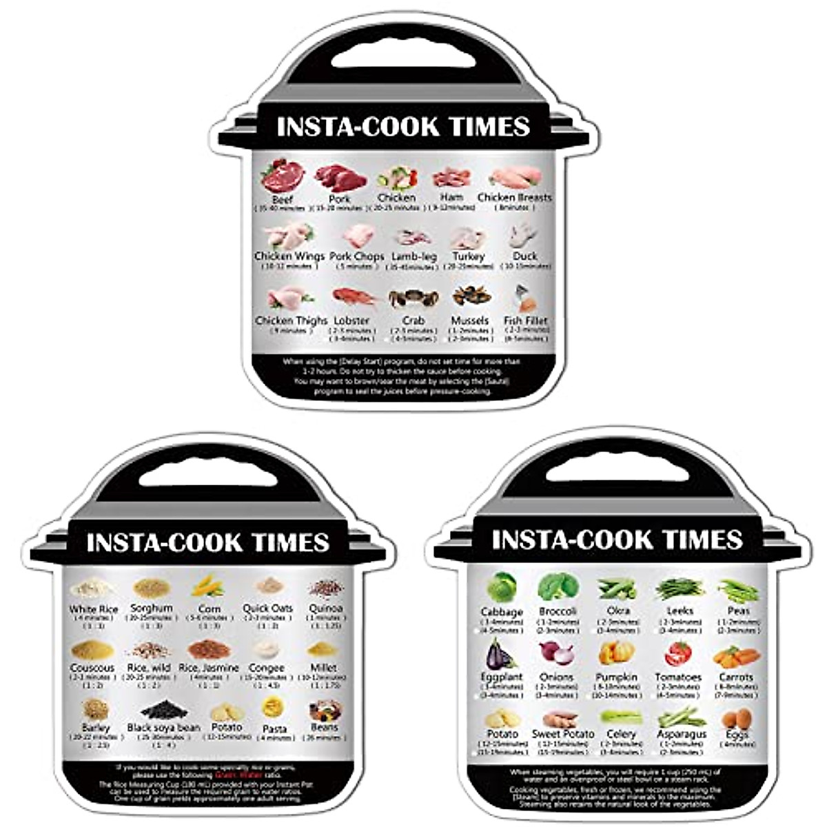 Magnetic Cheat Sheet for Instant Pot Decals Instapot Colored Textual Description and Food Images Cooking Times, 3 Pieces
