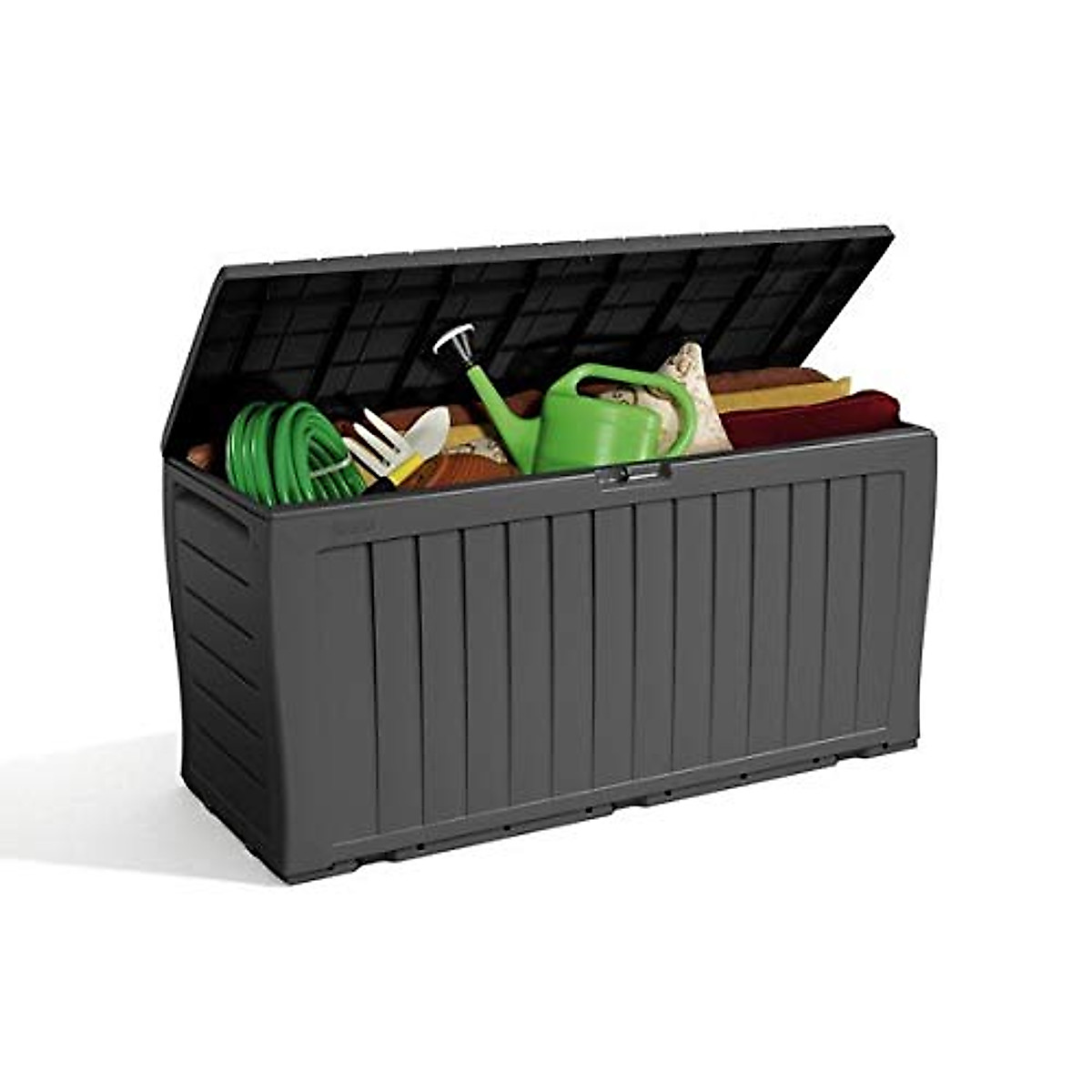 Keter Marvel+ 270L Outdoor 65% recycled Garden Furniture Storage Box Graphite Wood Panel Effect | Fade Free | All Weather Resistant | Safe and Secure | Zero Maintenance | 2 year Warranty