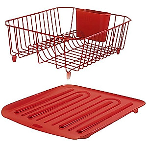 Rubbermaid Sink Set with Dish Drying Rack, Drainboard, Sponge Caddy, and Brush, Red, 4-Pieces