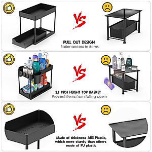 Sealegend 2 Pack Under Sink Organizers,2 Tier Under Sink Organizers and Storage Under Cabinet Slide Out Sliding Shelf with Hanging Cups and Hook,Multi-Use Storage Shelf for Bathroom Kitchen