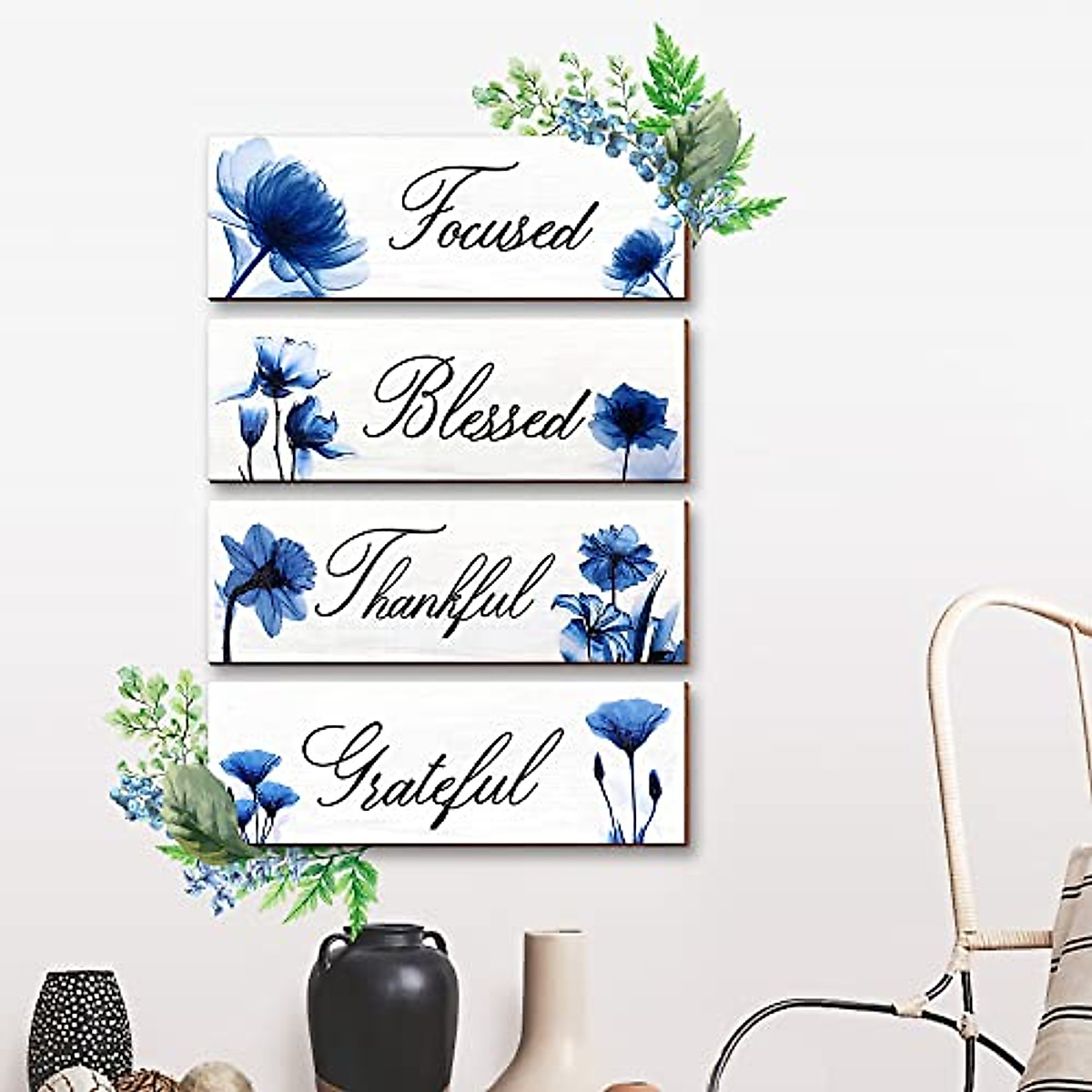 Blue Wall Decor for Living Room 4 Pieces - Focused Grateful Blessed Thankful Wood Signs, MONKLE Flowers Wall Art Decor Wooden Hanging Plaques, Floral Art Decorations for Home Kitchen Living Room