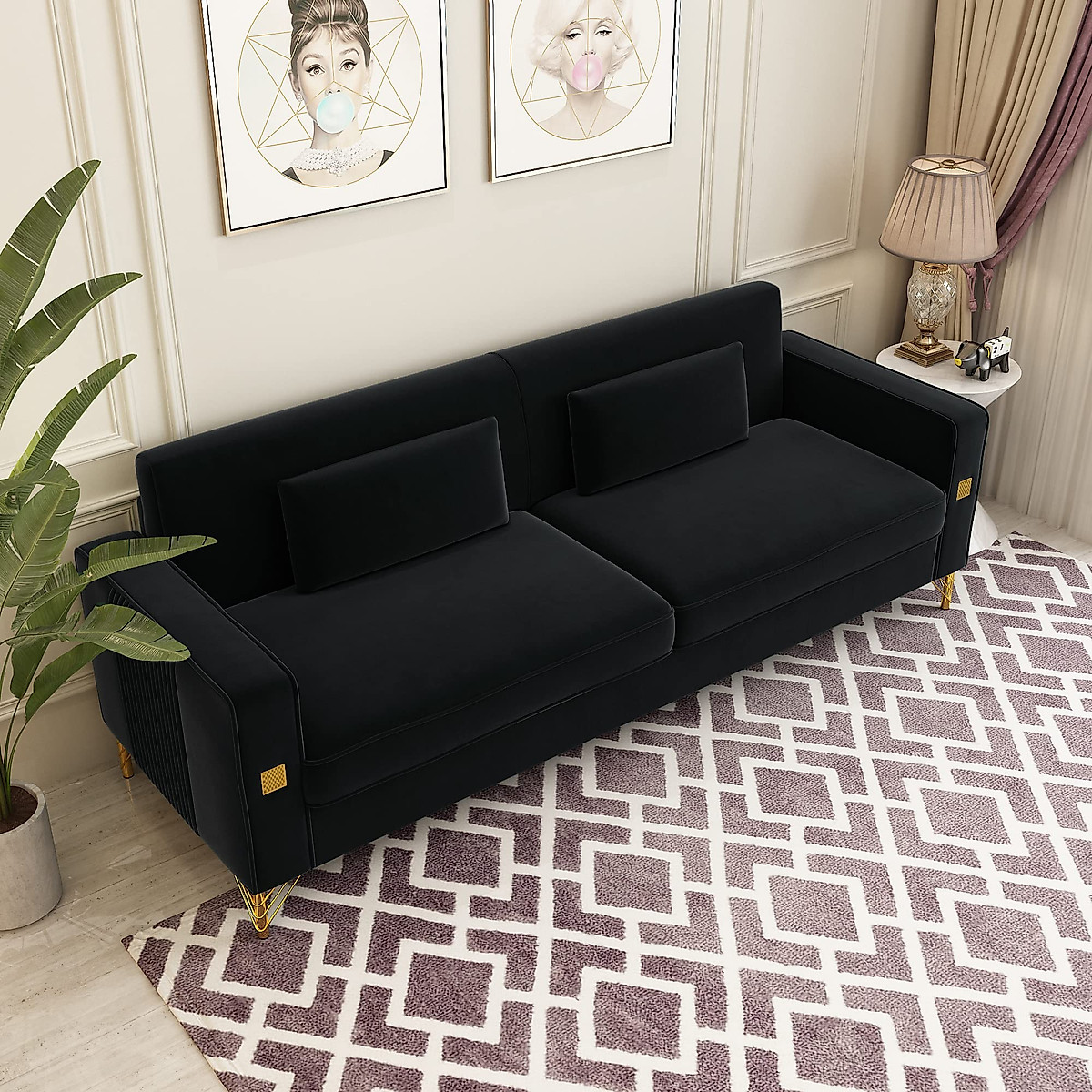 IQIAite 85" Wide Velvet Loveseat Sofa Mid Century Modern Comfy 3 Seat Couch Black Tufted Love Seat Sofas with 2 Pillows Gold Legs for Living Room Office Apartment Furniture Solid Wood Frame
