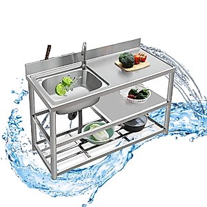 SEYFI Kitchen Sinks Outdoor Free Standing,Bowl,with Drainboard, U-Tility Prep Station Sink, Laundry Tub, Free Standing Stainless for Commercial Restaurant/Left - Hot and Cold/Left - Hot and Cold/120C