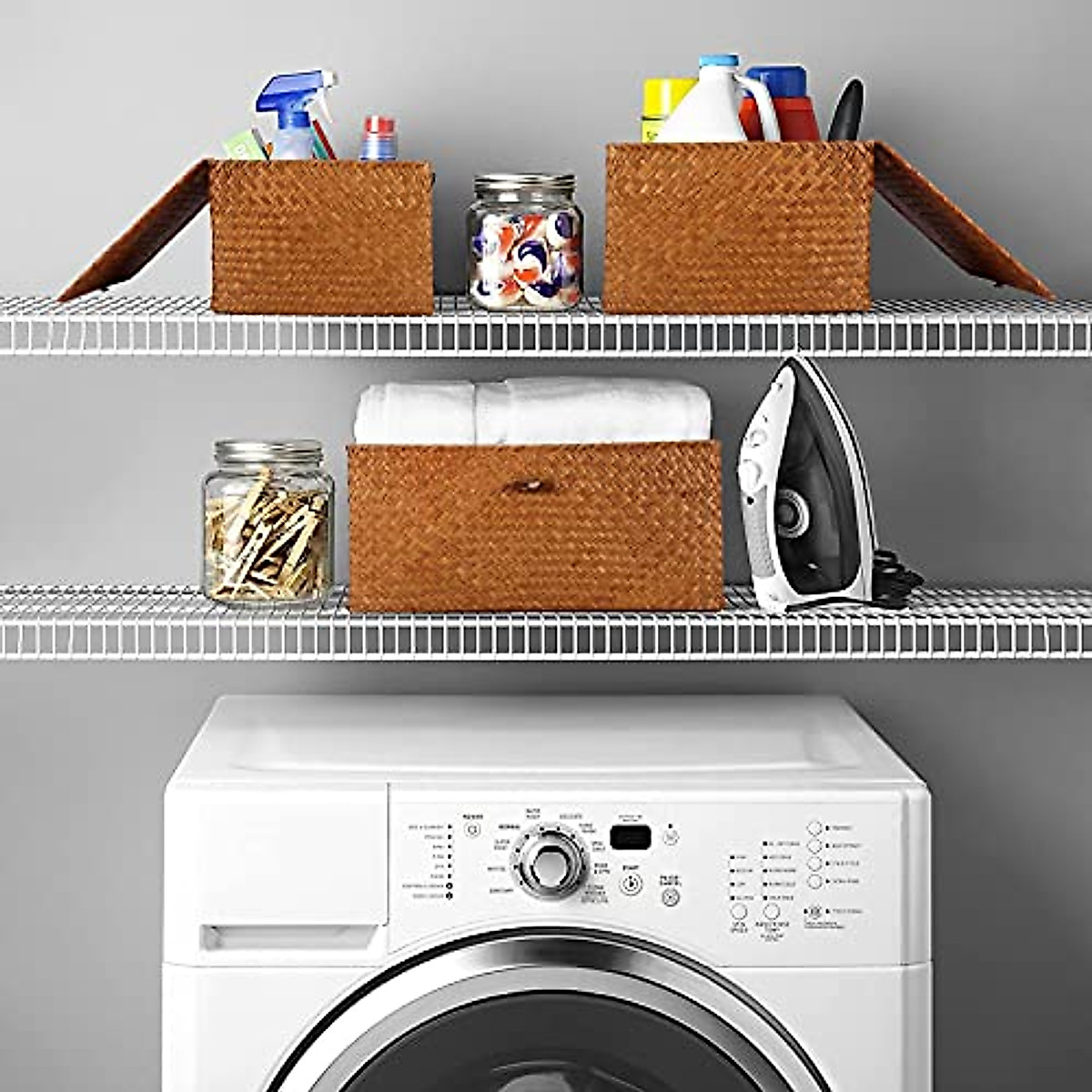 YIFANZHIBIAN Multifunction Seagrass Basket, Woven Storage Baskets, Handwoven Rectangular Straw Basket, Stackable and Hyacinth Basket with Lid for Home Organization (Large, Caramel Color)