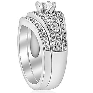 1 1/10ct Diamond Pave Wide Engagement Wedding Ring Set 14K White Gold - Size 10