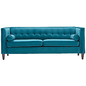 Dreamsir 78'' W Velvet Sofa, Mid-Century Love Seats Sofa Furniture with Bolster Pillows, Button Tufted Couch for Living Room, Tool-Free Assembly (Sofa, Peacock Blue)