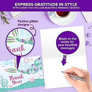 Decorably 30 Pack Glittery 4.9x3.5in Mermaid Thank You Cards with Envelopes and Stickers, 6 Sparkly Designs, Blank Inside, Baby Shower, Weddings, Birthdays