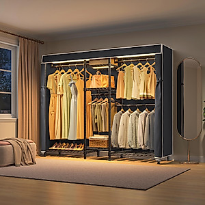 VIPEK V6L Covered Garment Rack Heavy Duty Clothes Rack with Cover and Dimmable LED Lights, Portable Closet Wardrobe Freestanding Clothing Rack for Hanging Clothes, Black Closet Rack with Black Cover