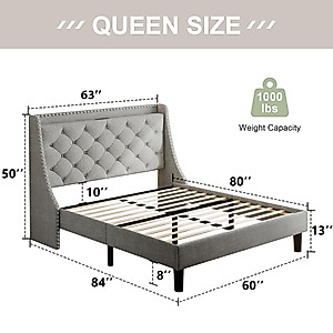 Feonase Queen Bed Frame with Luxury Wingback Upholstered Button Tufted Storage Headboard, Queen Platform Bed with Charging Station, Sturdy Wooden Slats Support, Noise-Free, Easy Assembly, Light Gray