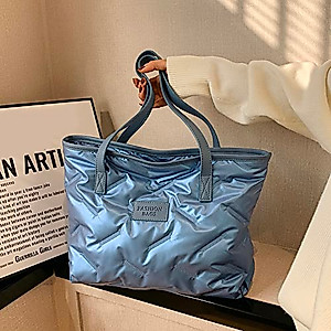 AZURAOKEY Puffer Tote Bag for Women, Quilted Cotton Padded Handbag, Women Shoulder Bags Soft Large Capacity Top-handle Bags Warm Zipper Simple Portable Lightweight for Girls Shopping-Blue
