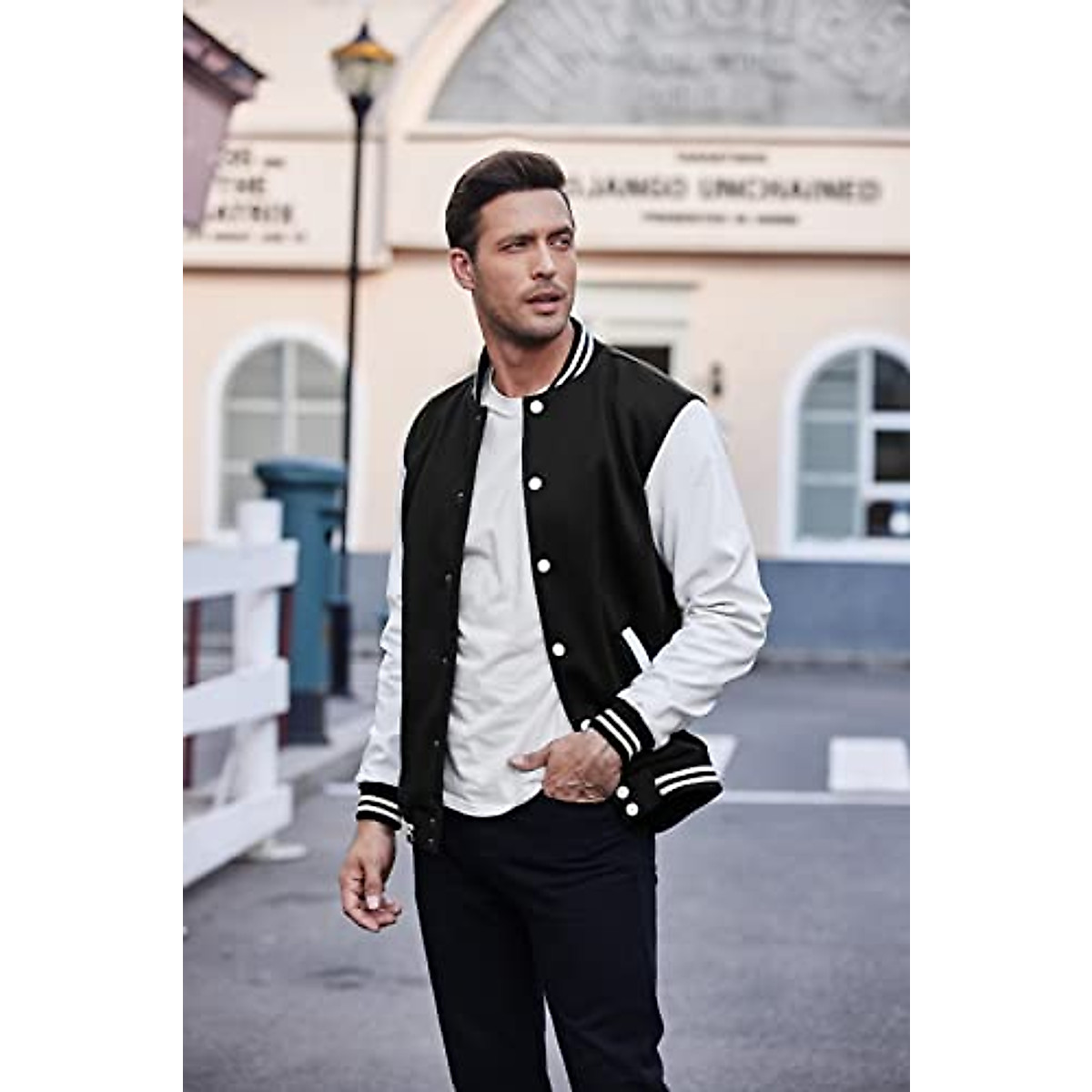 COOFANDY Men Fashion Varsity Jackets Leather Sleeve Slim Fit College Baseball Letterman Bomber Coat, Pure Black, XX-Large