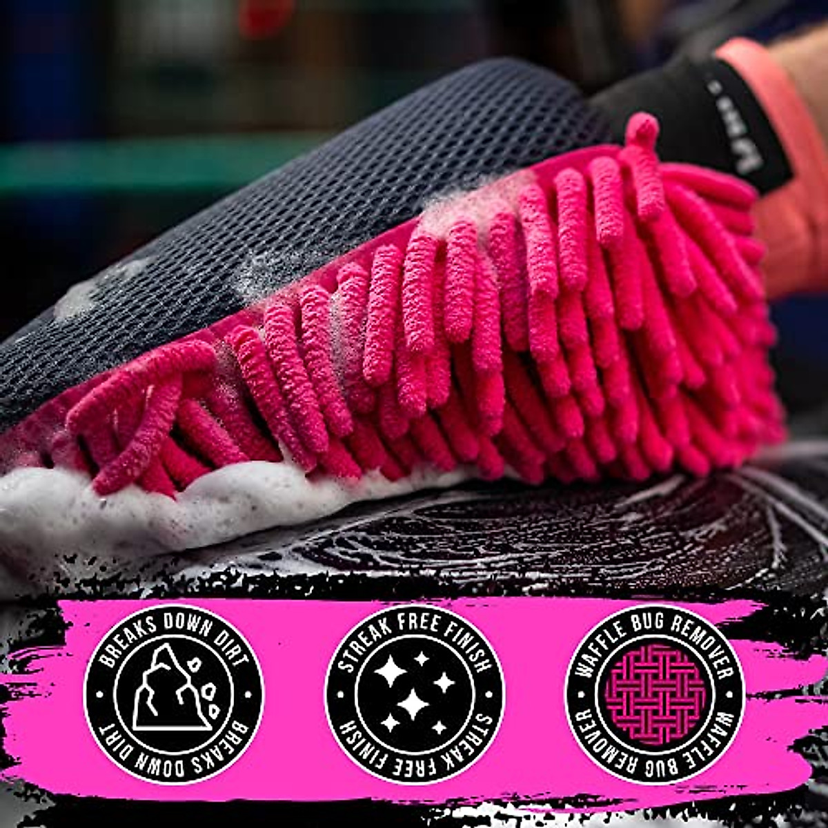 Muc-Off 2-in-1 Microfiber Wash Mitt - Wash Mitt for Car Washing and Bike Cleaning - Chenille Cleaning Mitt with Waffle Sponge for Bugs and Tar