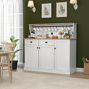Gyfimoie Sideboard Buffet Cabinet with 2 Drawers, Farmhouse Kitchen Pantry Cabinet with Adjustable Shelves, Coffee Bar Cupboard Cabinet with 3 Doors for Kitchen, Dining Room (White)
