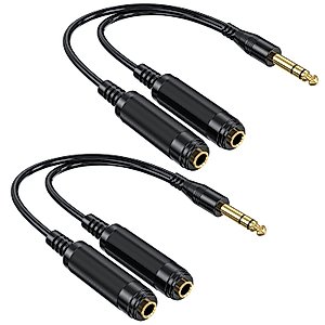 1/4 Splitter, 2 Pack 6.35mm TRS Stereo Headphone Male to 2 Female Splitter Cable, Quarter Inch Y Splitter Adapter UIInosoo for Headphone, Speaker, Guitar, Amplifiers, Mixer, 6 inch