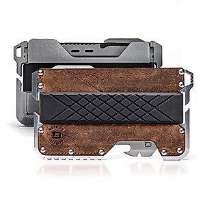 Dango Slim Minimalist Wallet for Men - RFID Blocking - Leather + Multi-Tool, Brown Rawhide/Raw Aluminum