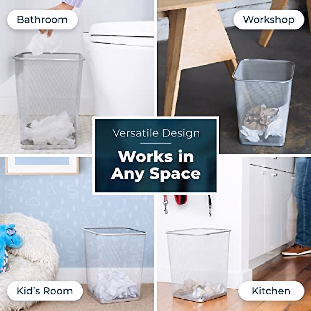 Greenco Mesh Square Wastebasket, 6 Gallon, 2pk (Silver) - Lightweight & Sturdy Office Trash Cans for Near Desk - Garbage Can for Bedroom, Kitchen, Dorm - Garbage Bin - Trash Can Office & Home Supplies