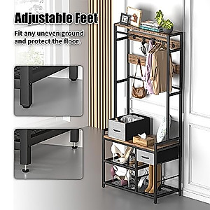 DDJ Hall Tree with Bench and Shoe Storage, Entryway Bench with Coat Rack with Shoe Storage, 7-in-1 Entryway Coat Rack with Hooks and Hanging Rod, 11.8 x 33.1 x 70.9 in, Rustic Brown and Black