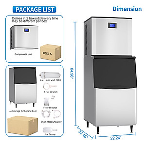 Commercial Grade Ice Maker Machine - 550LBS/24H with 350LBS Bin 1200W Ultra Strong Compressor, Stainless Steel Construction Fully Automatic Operation Perfect for Bar Restaurants and Business