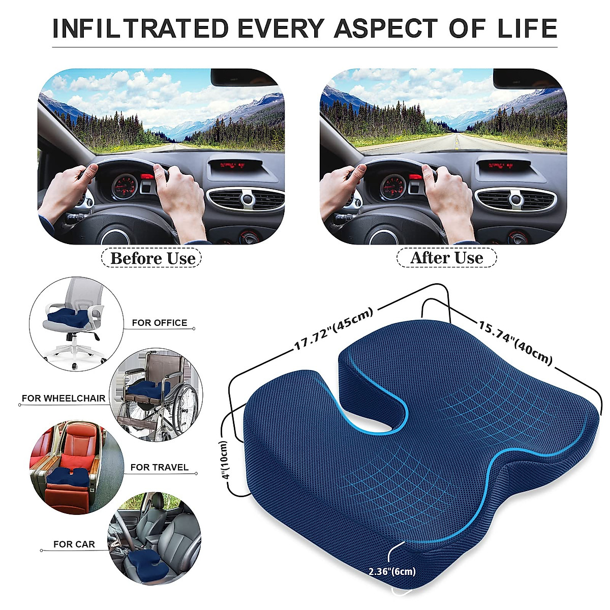 Pressure Relief Seat Cushion for Long Sitting, Office Chair Cushion for Sciatica Pain, Car Seat Cushion for Truck Driver, Memory Foam Butt Pillow for Back, Coccyx & Tailbone Pain Relief Cushion/Pad
