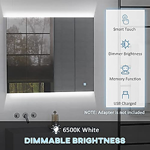 kleankin LED Medicine Cabinet, 35.5 x 29.5 Wall-Mounted Bathroom Vanity Mirror Organizer with Dimmer Touch Switch, Three Doors, and USB Charged, White