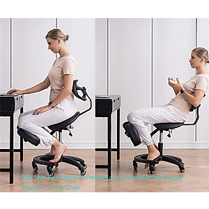 Ergonomic Kneeling Chair with Back Support, Wheels, Adjustable Saddle Chair for Home and Office with Angled Seat for Better Posture, Black