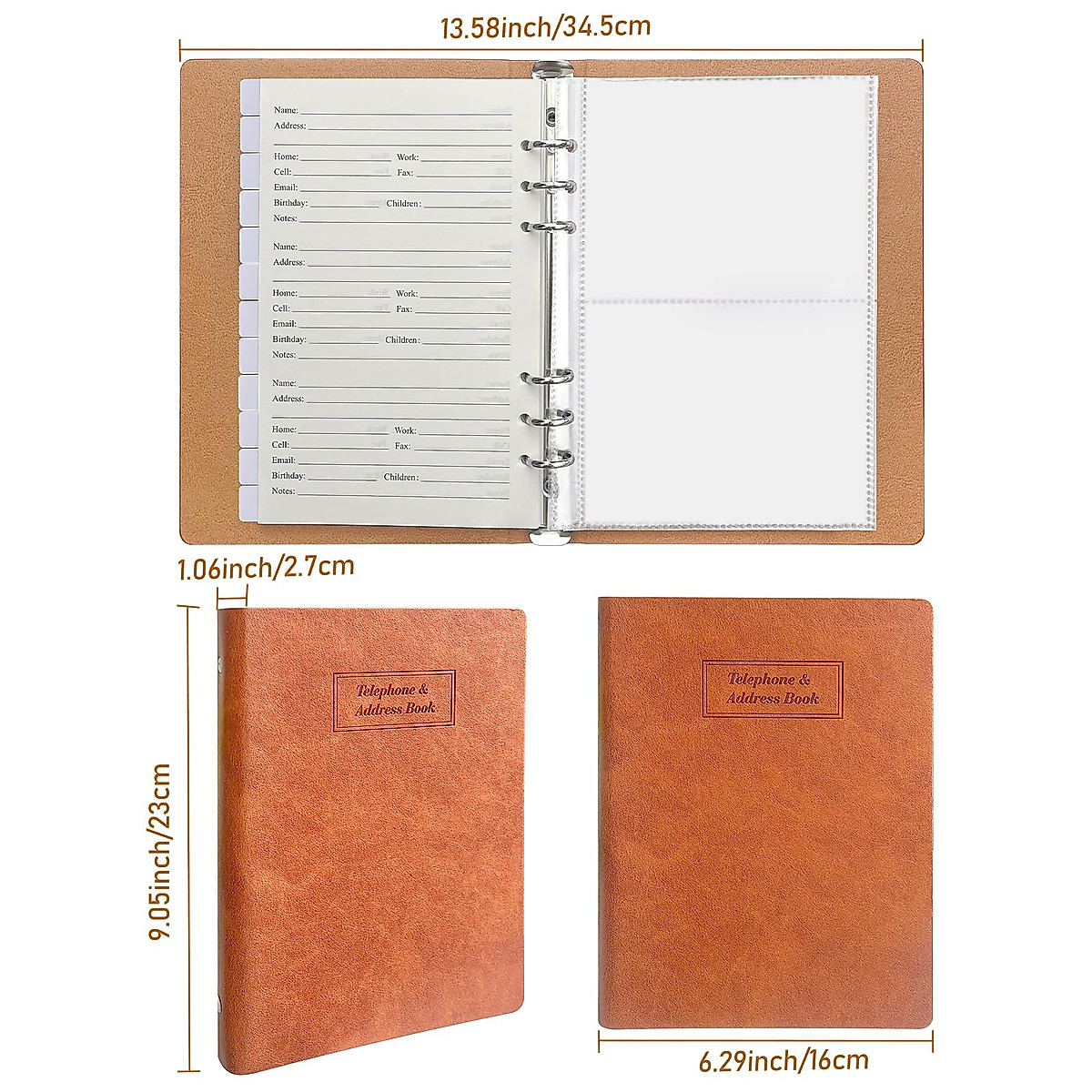 Happyaokeland Refillable Address Book with Alphabetical Tabs, Hardcover Phone Book 648 Contact Book w/Pockets, Large Print Address Books for Seniors, A5, Brown