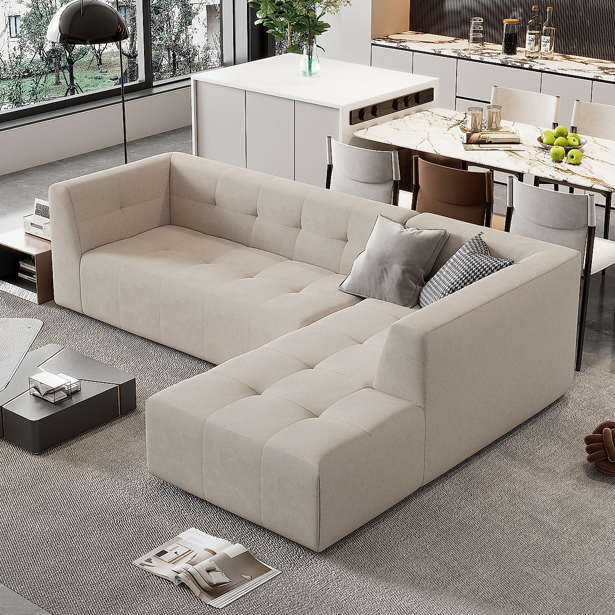 P PURLOVE L-Shape Sectional Sofa, Modern Minimalist Style Sectional Sofa Couch, Chenille Fabric Couch with Chaise Lounge for Living Room, Apartment, Office, No Installation Required (Beige)
