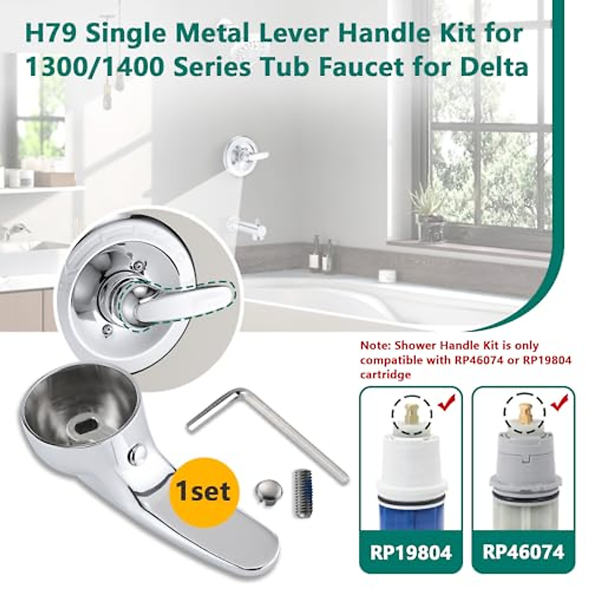RAINREVIVE Repalcement Shower Handle, Compatible for 1300/1400 Series Tub Faucet for Delta, H79 Single Metal Lever Handle Kit, Chrome