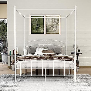 AUFANK Queen Size Canopy Bed Frame Four-Poster Metal Platform Bed with Headboard and Footboard Sturdy Heavy Duty Steel Slat Support No Box Spring Needed White