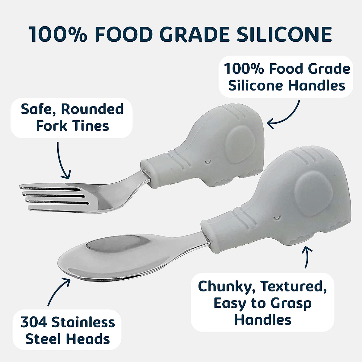Tiny Twinkle Easy Grip Toddler Utensils Spoon and Fork Set - BPA & Phthalate Free Utensil Sets, Kids Silverware With Silicone Handle, Baby Led Weaning Supplies for 12 Months & Up (Grey Elephant)
