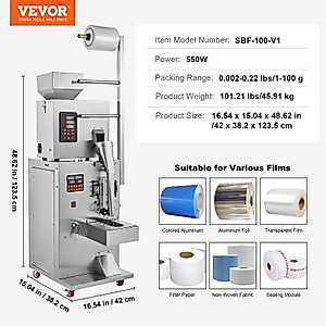 VEVOR Weighing Filling Industries 1-100g, Particle Packaging Machine 10-15 bag/min, Full Automatic Powder Sealing Machine for Filling Tea Seeds Grains Flour Beans Glitter