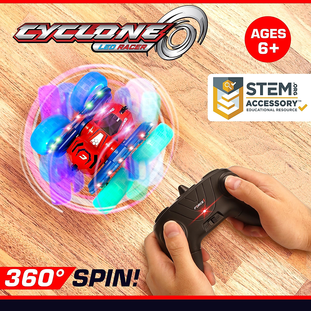 Force1 Cyclone LED Remote Control Car for Kids - Double Sided Fast RC Car with Bright LED Tires, Off-Road Crawler RC Stunt Car 360 Flips, Spins, Drifts; 2.4GHz Remote Control, 2 Rechargeable Batteries
