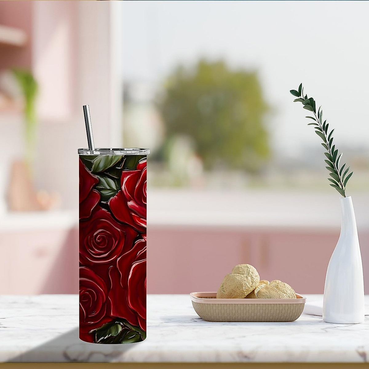 red roses insulated tumblers coffee cup Gift，red roses Drinking Glasses-Tea Cup-Coffee Mug tumbler with lid and straw 20 oz insulated tumbler cups