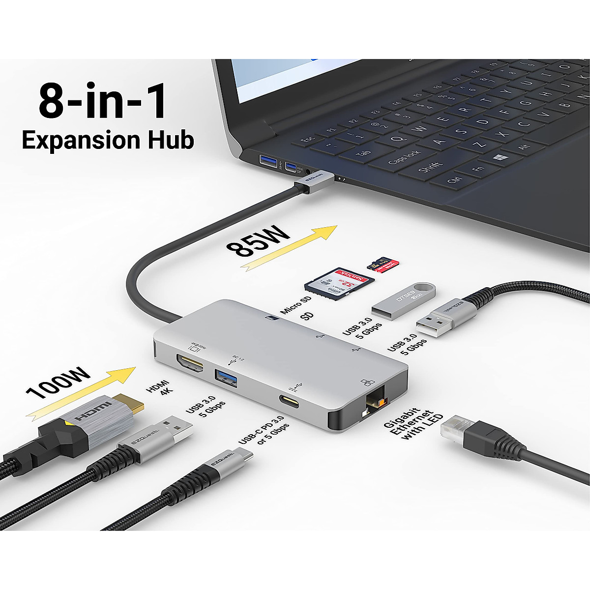 EZQuest USB C Hub Docking Station 8 in 1 with 4K HDMI, 1 Gbit Ethernet, 3 USB A 3.0 Ports, 1 USB-C PD/Data, SD/Micro SD for Work and Travel, Compatible with MacBook/Dell/HP/Lenovo/Laptops