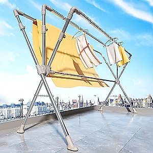 Retractable Heavy Duty Stainless Steel Laundry Drying Racks, Clothes Drying Racks Outdoor, Foldable Portable Space Saving Clothes Drying Rack, 3 Pole Drying Rack,With Sock Clip ( Color : Silver , Size