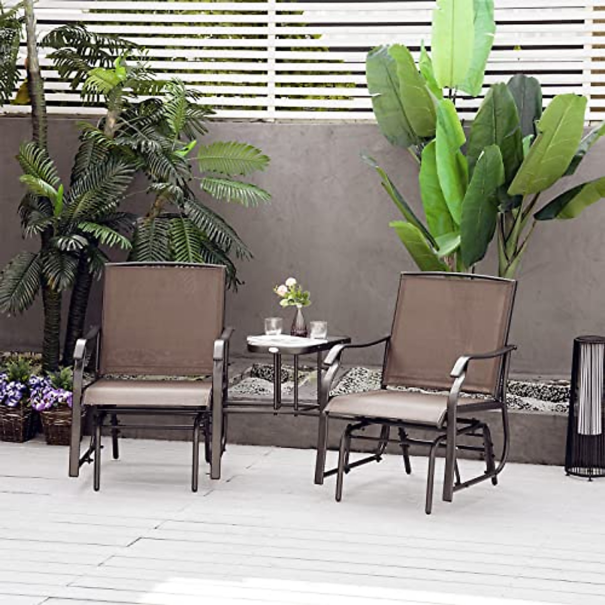 Outsunny Outdoor Glider Chairs with Coffee Table, Patio 2-Seat Rocking Chair Swing Loveseat with Breathable Sling for Backyard, Garden, and Porch, Brown