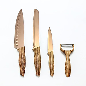 MAOMIDA Knife Set - Luxury rose Gold kitchen Knife set, titanium coated 4 piece stainless steel hollow handle golden kitchen knife set wood grain knife