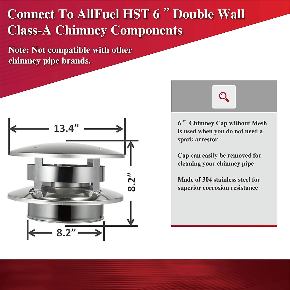 AllFuel HST Flat Top Rain Cap for 6" Diameter 304 Stainless Steel All Fuel Class-A Double Wall Insulated Chimney Pipe