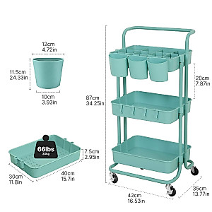 LEZIOA 3 Tier Rolling Cart, Ajustable Art Craft Cart Organizer on Wheels, Metal Utility Storage Cart with Handle for Kitchen Bathroom, Mobile Multifunctional Salon Trolley Makeup Cart, Easy Assembly