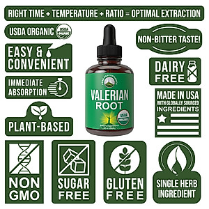 USDA Organic Valerian Root Liquid Drops Supplement. Vegan Extract Tincture for Relaxation, Sleep, Calm. Great Alternative to Valerian Capsules. Zero Sugar, Gluten Free Supplements for Women and Men